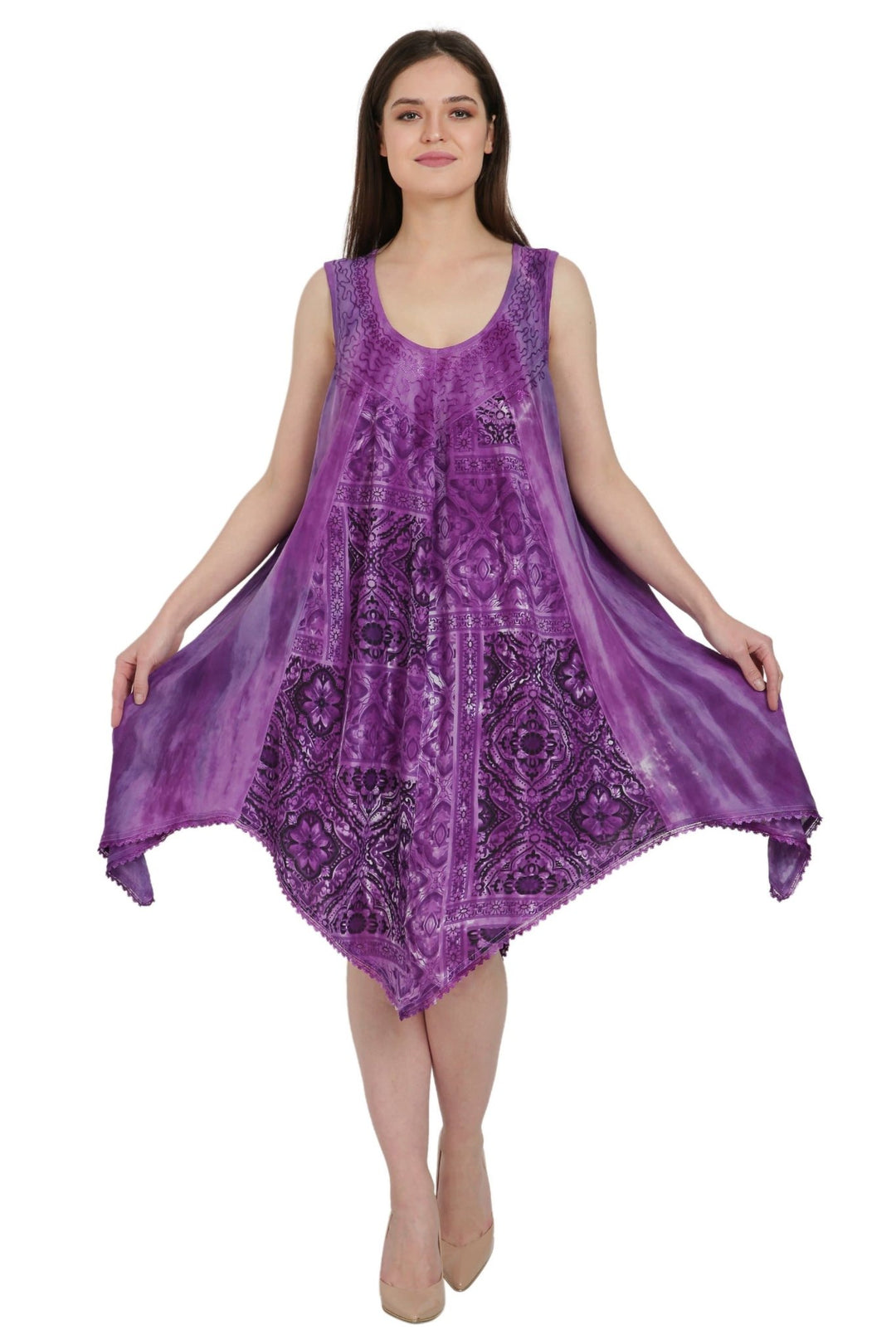 Bohemian Geometric & Tie-Dye Handkerchief Hem Dress - Embroidered, 100% ...